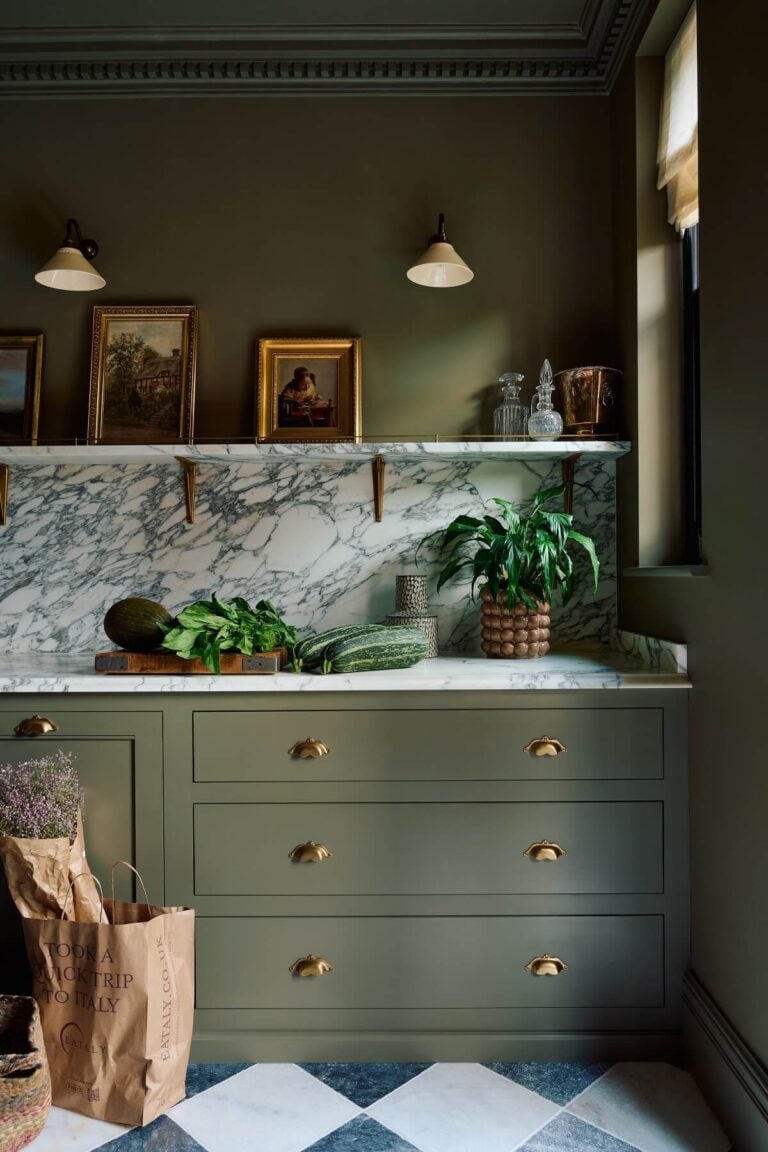 An All-Green deVOL Kitchen with A Marble Checkerboard Floor - The Nordroom