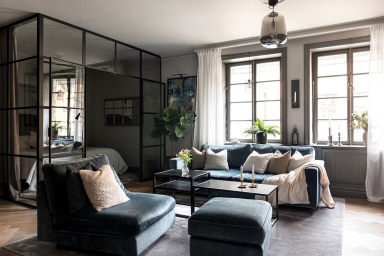 A Gray Apartment with an Industrial Glass Bedroom - The Nordroom