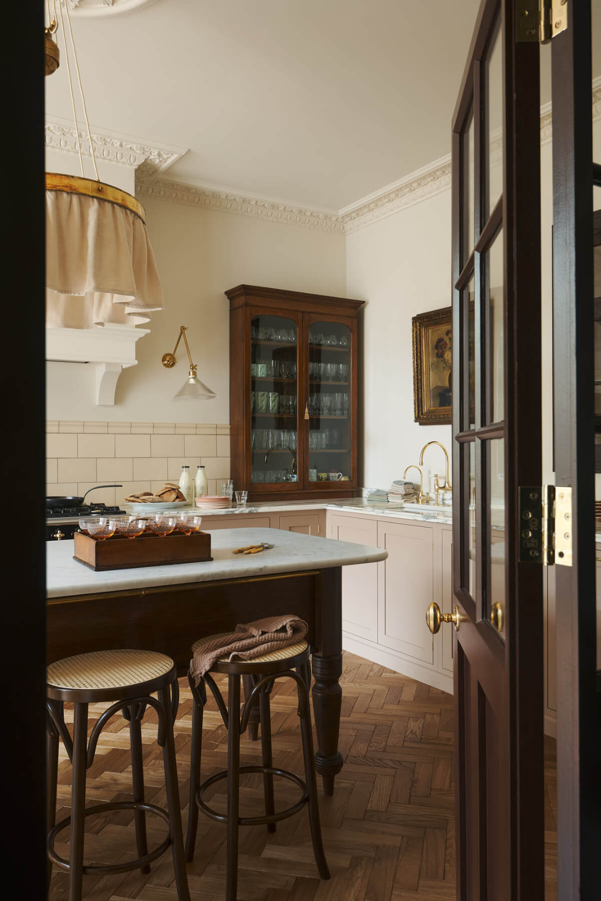 A Pink deVOL Shaker Kitchen with a Glazed Pantry in an Edwardian House - The Nordroom