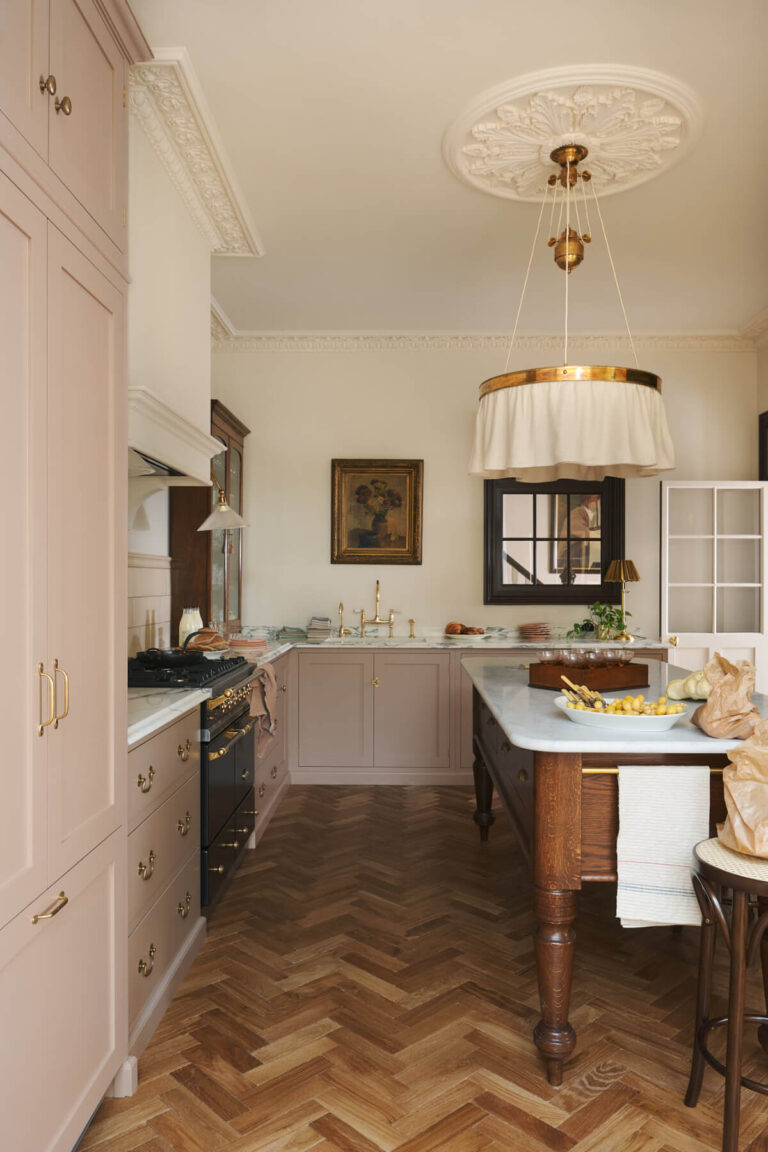 A Pink deVOL Shaker Kitchen with a Glazed Pantry in an Edwardian House ...
