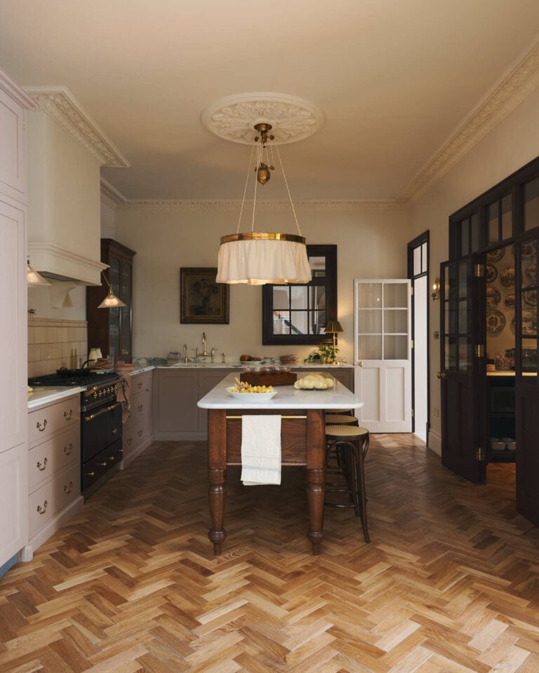 A Pink deVOL Shaker Kitchen with a Glazed Pantry in an Edwardian House - The Nordroom