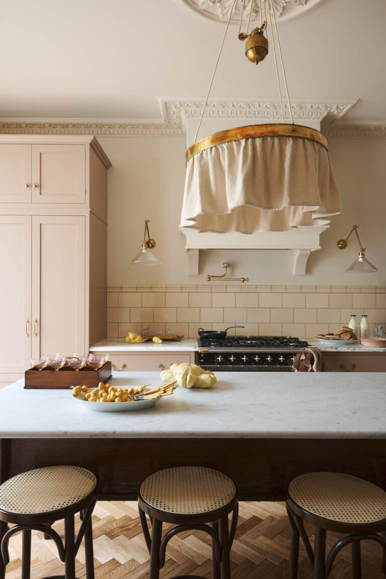 A Pink deVOL Shaker Kitchen with a Glazed Pantry in an Edwardian House ...