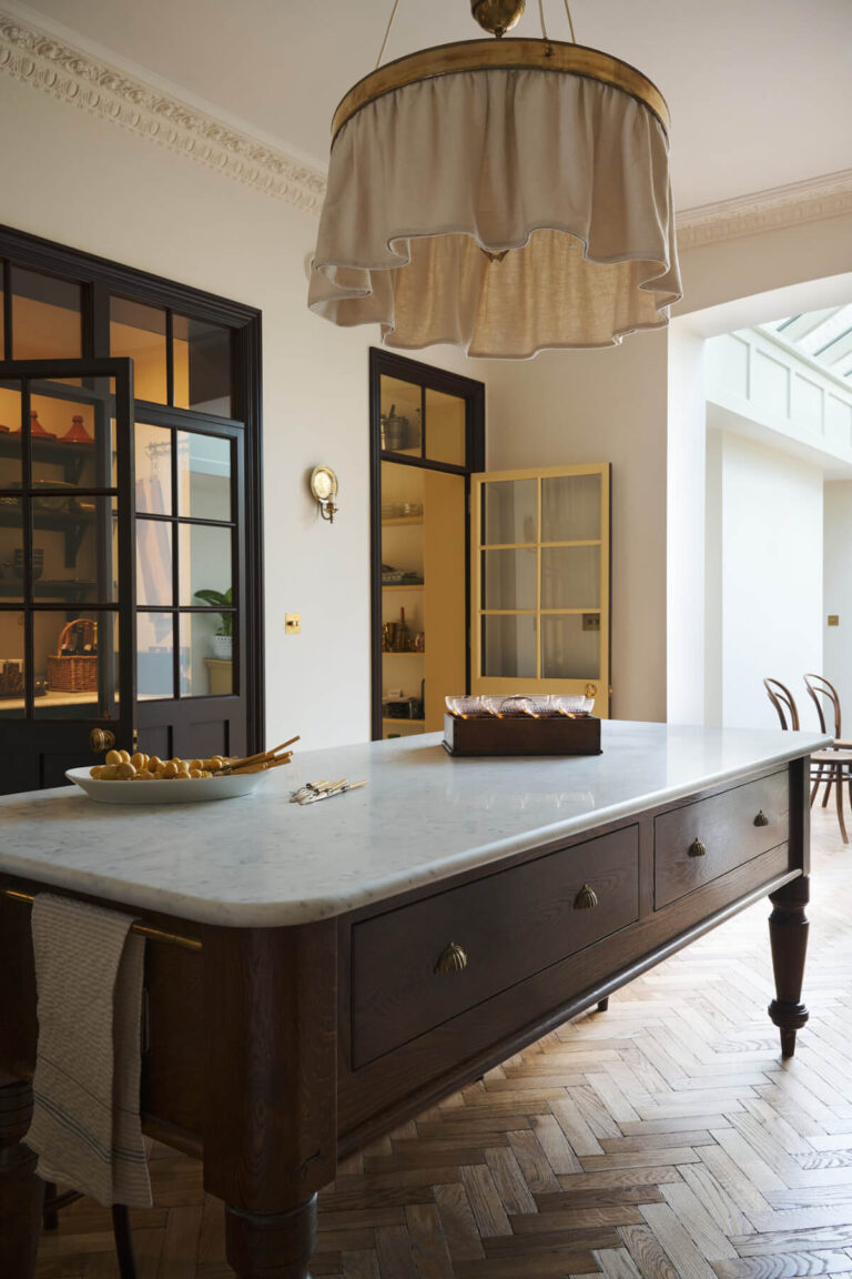 A Pink deVOL Shaker Kitchen with a Glazed Pantry in an Edwardian House ...