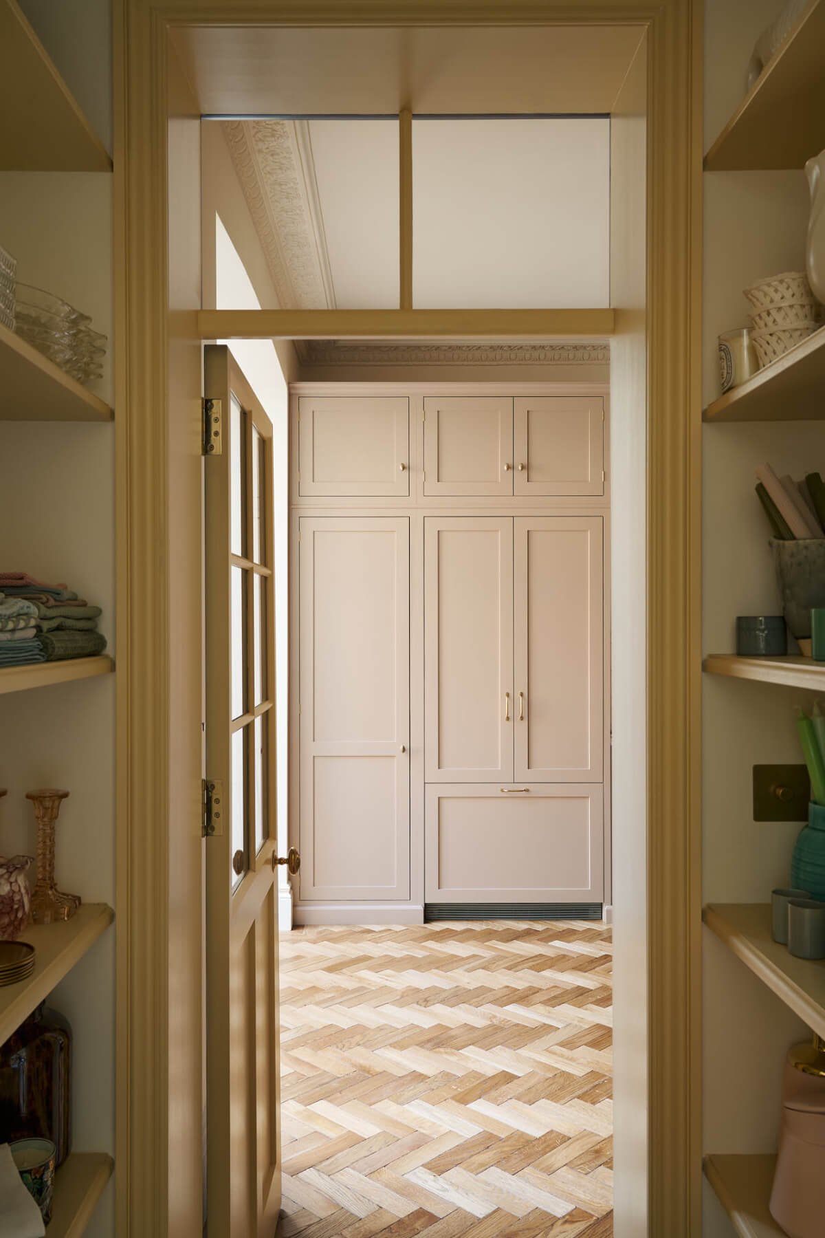 A Pink deVOL Shaker Kitchen with a Glazed Pantry in an Edwardian House ...