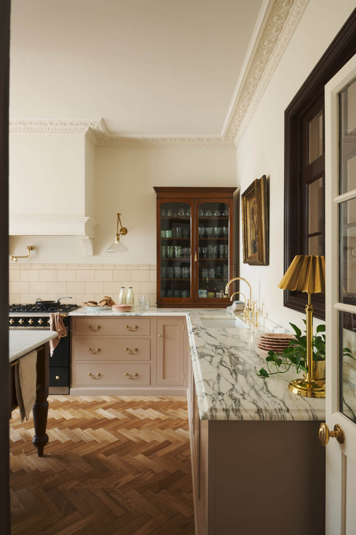 A Pink deVOL Shaker Kitchen with a Glazed Pantry in an Edwardian House - The Nordroom